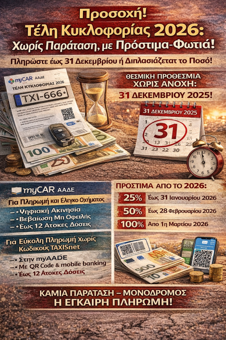 ΤΕΛΗ ΚΥΚΛΟΦΟΡΙΑΣ 2026: Χωρίς παράταση, με πρόστιμα-φωτιά –Τι ισχύει με ...